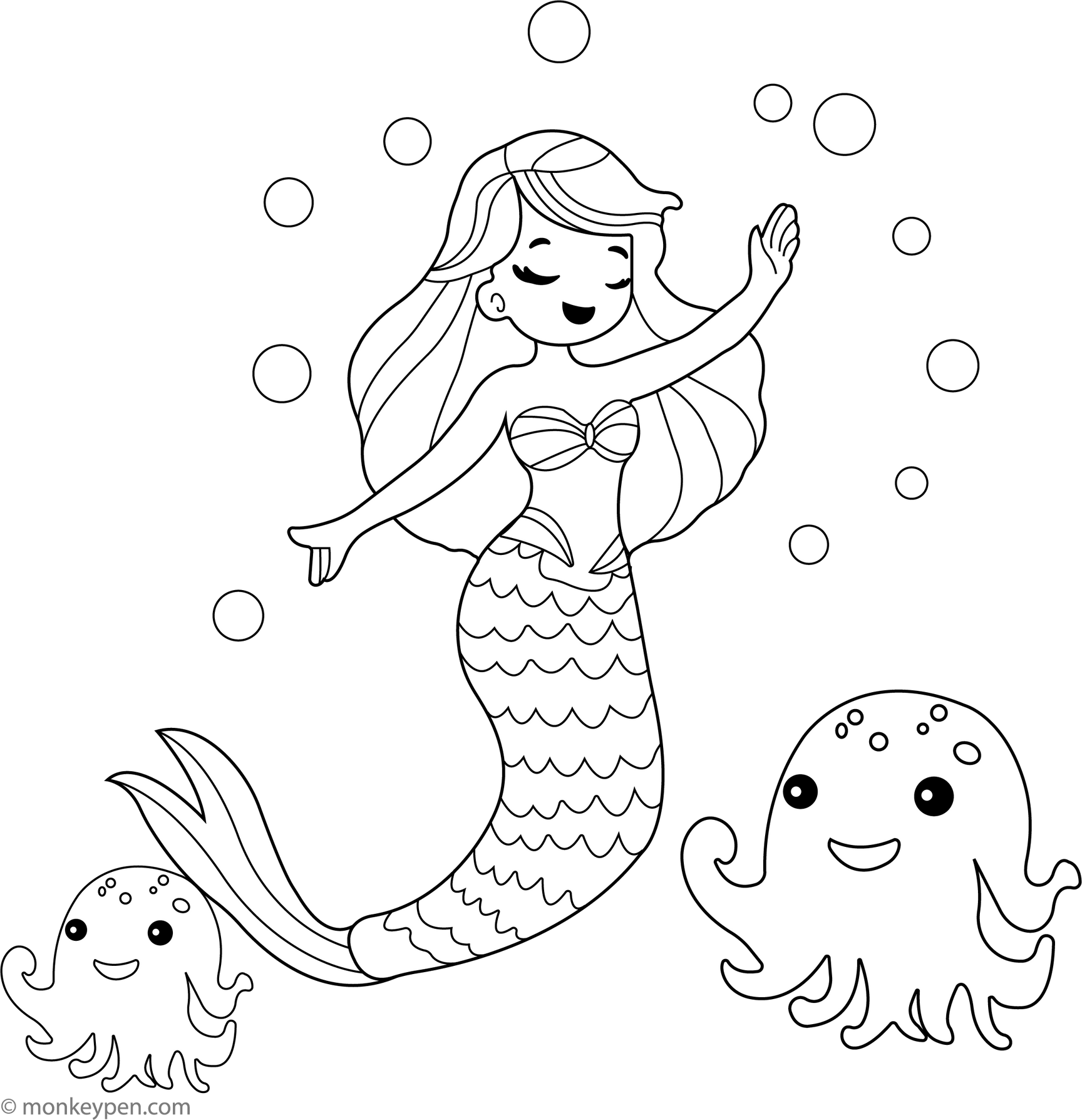 Dancing Mermaid with Octopus Friends | Ocean Fun Coloring Page