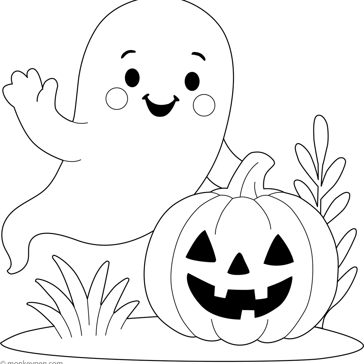 Friendly Ghost Waving Hello | Free Kids Coloring Page