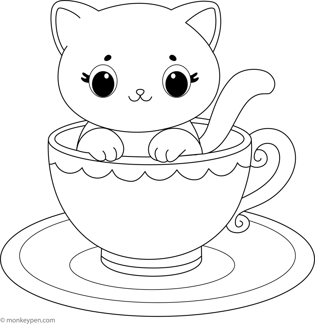 Kitten in a Teacup | Free Kids Coloring Page