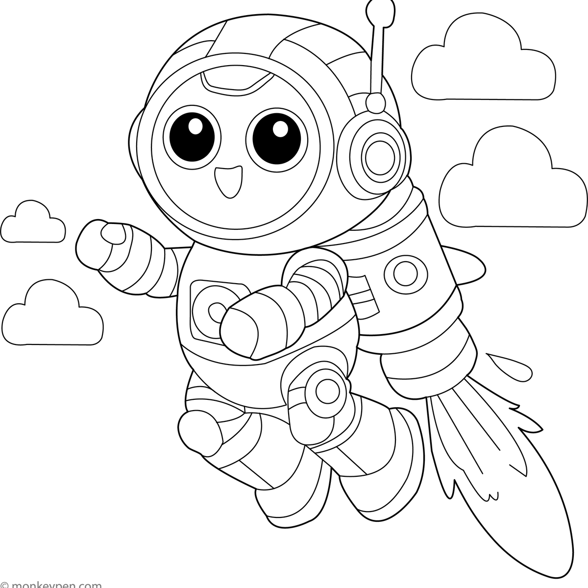 Robot with a Jetpack Flying | Free Coloring Page