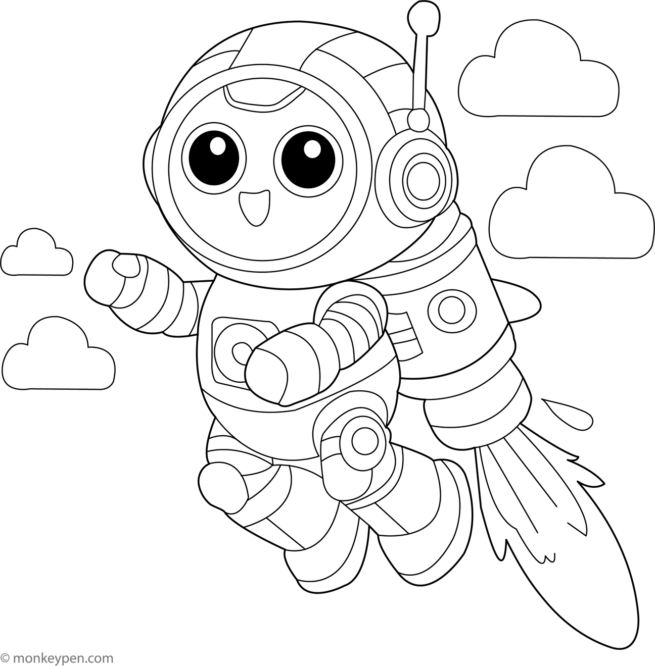 Robot with a Jetpack Flying | Free Coloring Page