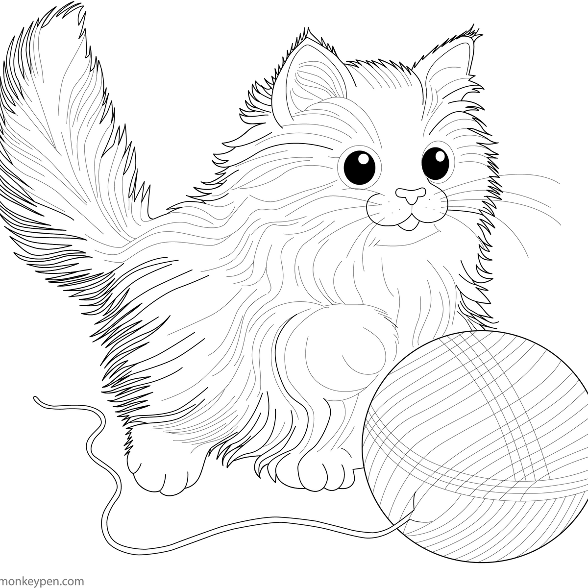 Playful Cat with Yarn | Free Coloring Page