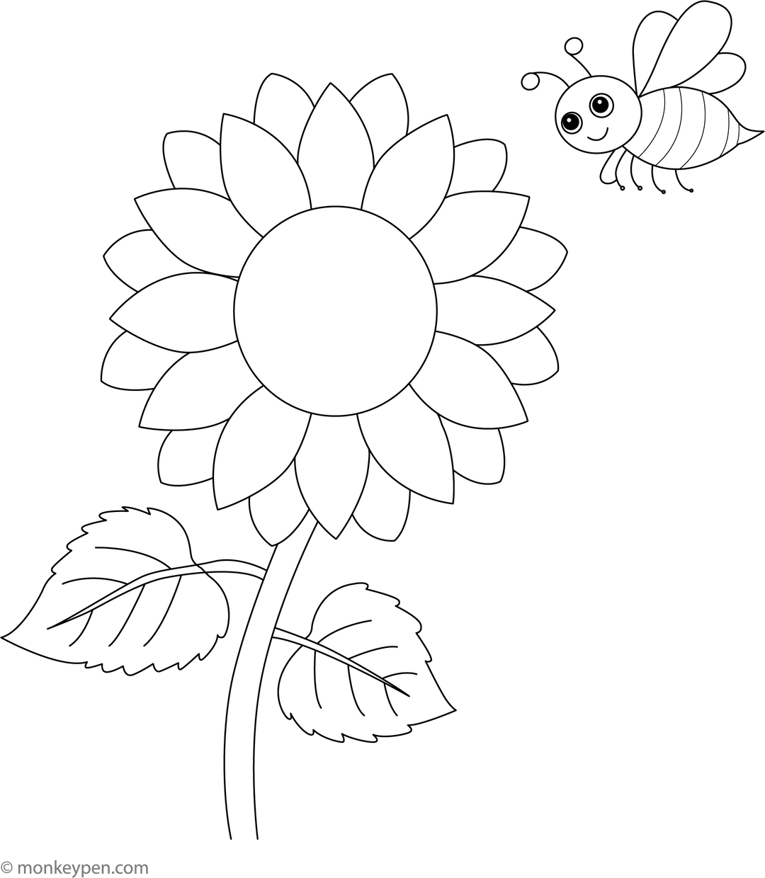 Sunflower and Buzzing Bees | Free Coloring Sheets