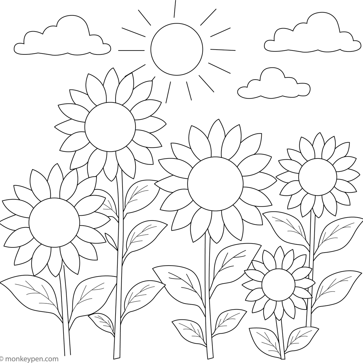 Sunflower Field Under a Bright Sky | Cute Nature Coloring Page