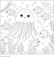 Jellyfish and a School of Fish - Free Printable Coloring Page