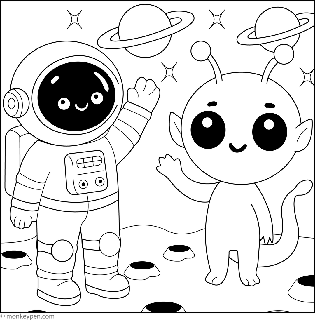 Astronaut and Alien Friend | Free Printable Coloring Page for Kids