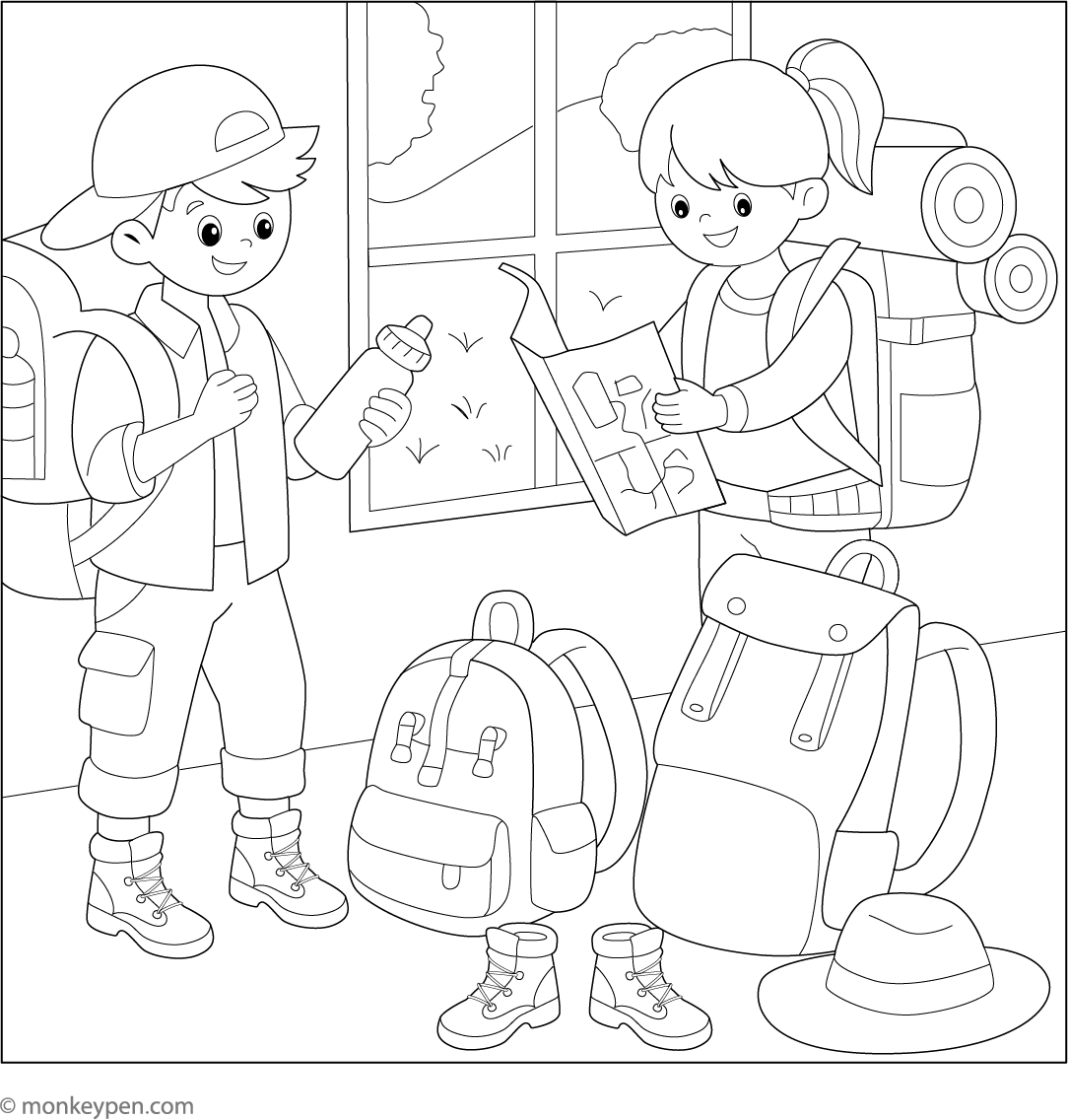 Kids Packing for a Hike | Coloring Page Free Download