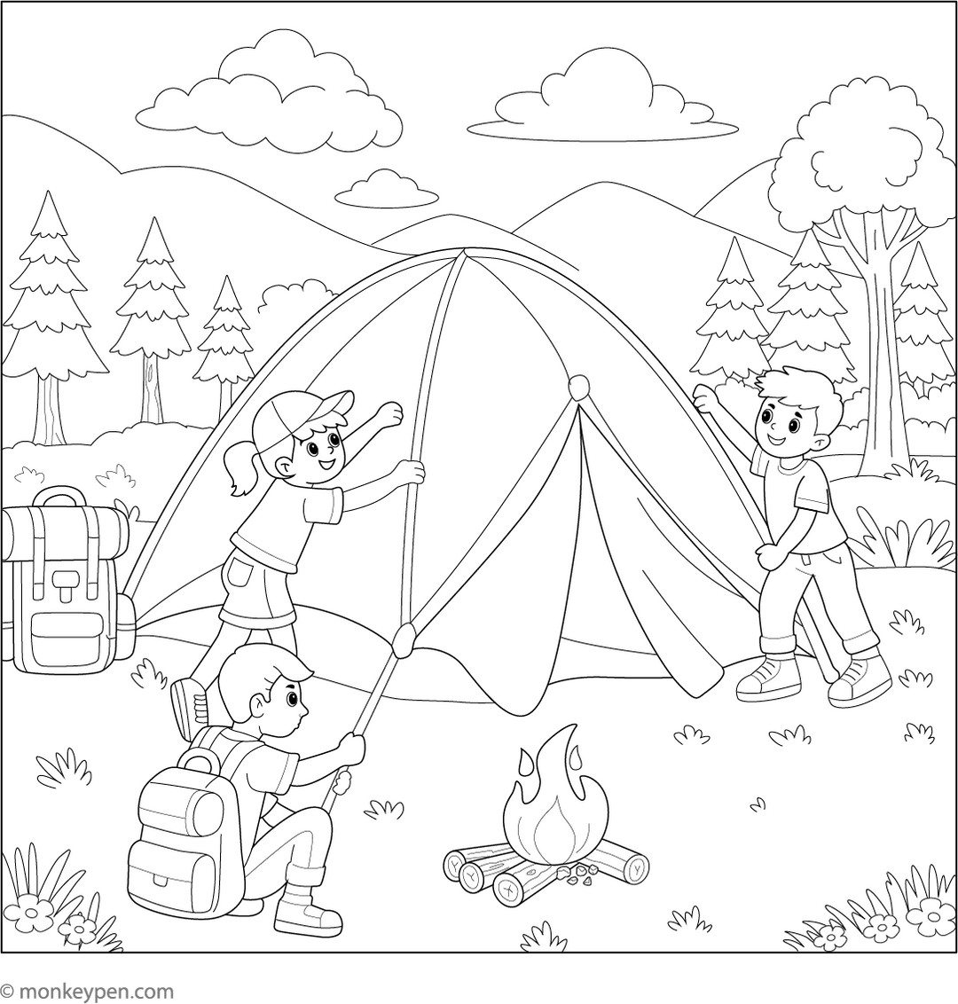 Kids Setting Tent in Camping | Free Coloring Page Download