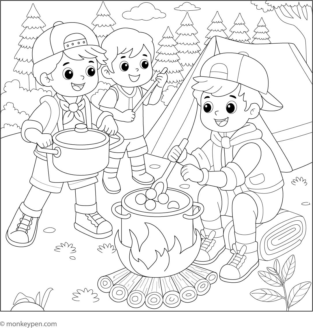 Kids Cooking in the Camp | Free Coloring Page for Children