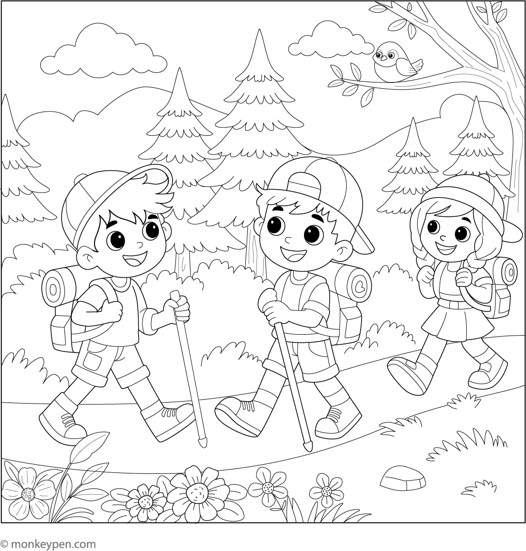 Children Going Hiking | Coloring Page Free Download