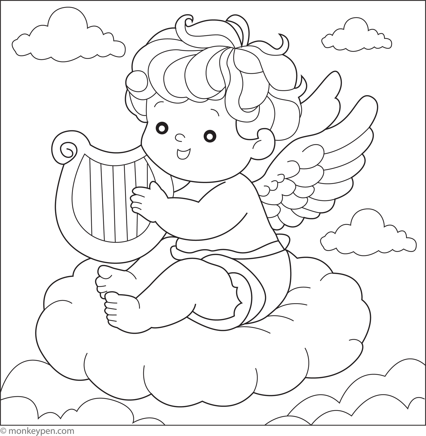 Little Cherub with a Harp | Free Kids Coloring Page
