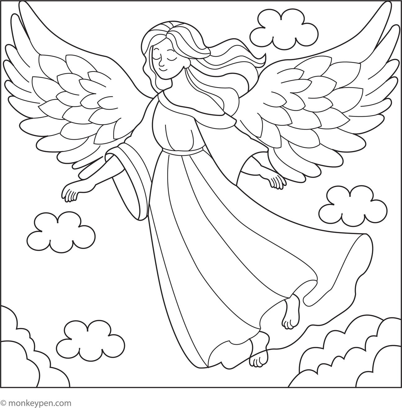 Flying Angel with Feathery Wings | Free Printable Coloring Page