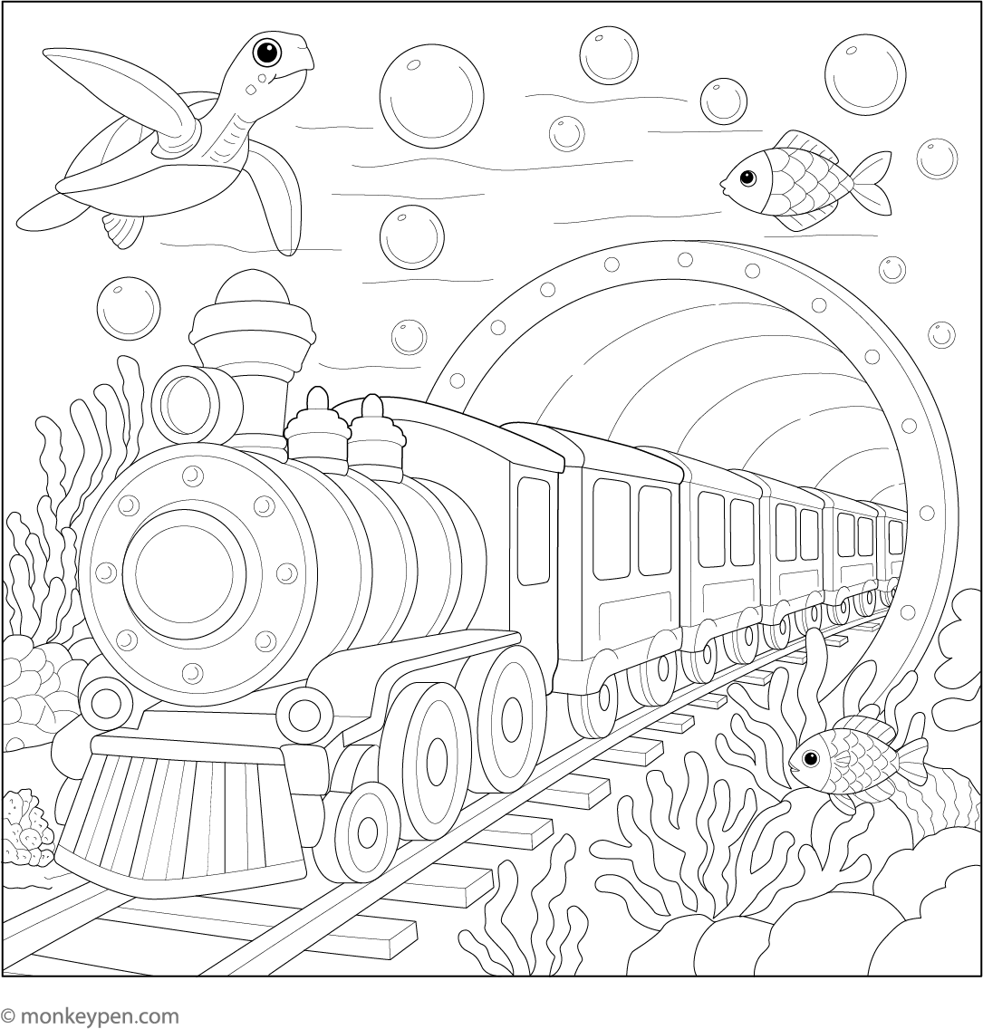 Underwater Train in a Glass Tunnel | Coloring Page for Kids