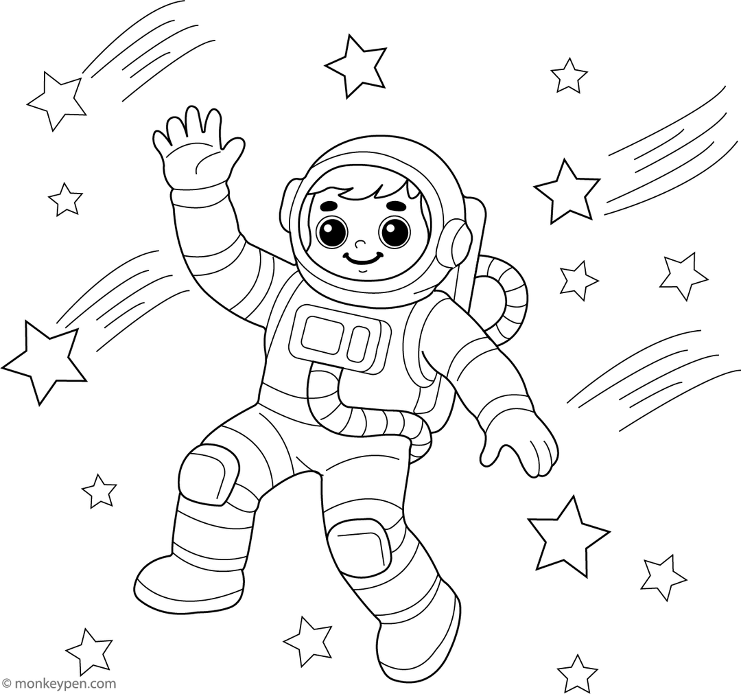 Astronaut and Shooting Stars | Free Coloring Page for Kids