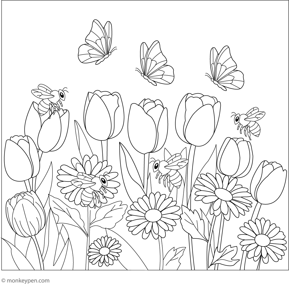 Flower Garden with Butterflies |Free Coloring Page PDF