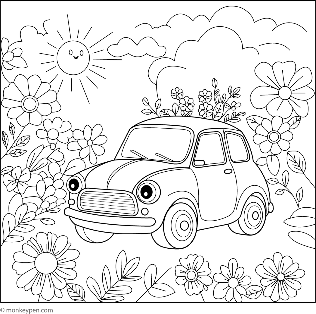 Car Covered in Flowers | Free Coloring Page