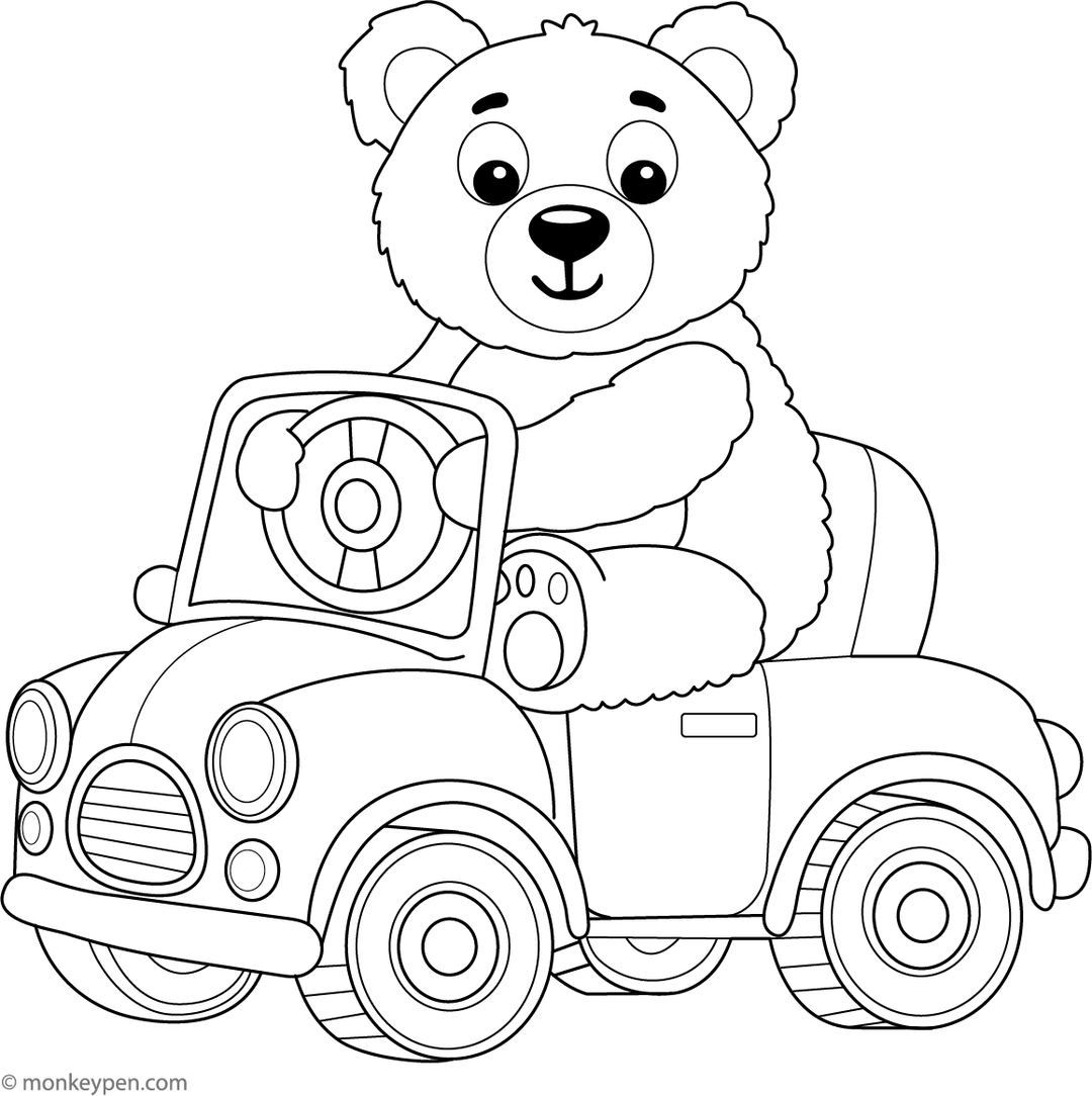 Giant Teddy Bear Driving a Car | Free Coloring Page
