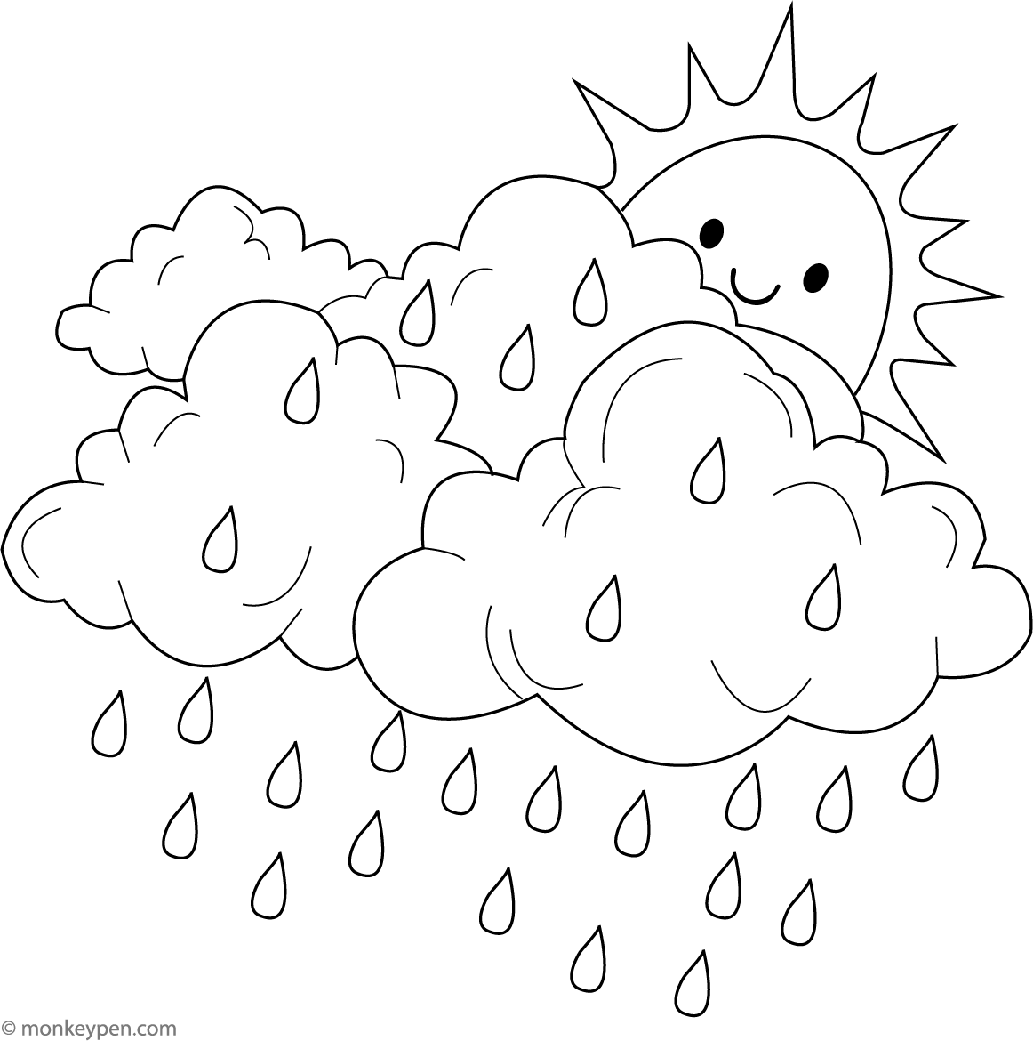 Clouds, Raindrops & Sun – Free Coloring Page PDF