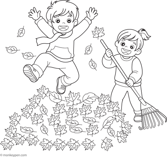 Kids Raking Leaves | Fun & Free Coloring Pages for Little Artists