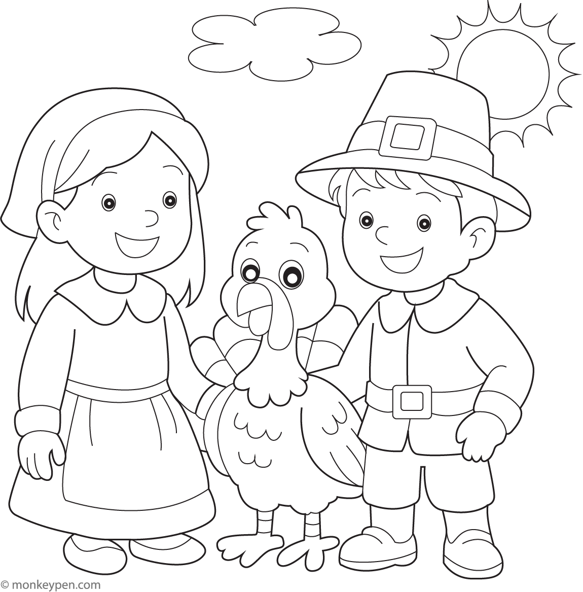 Pilgrim Kids with a Turkey Friend | Download Free Coloring Sheets