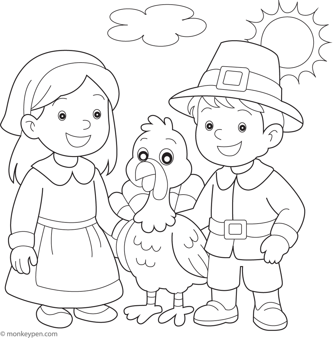 Pilgrim Kids with a Turkey Friend | Free Coloring Page