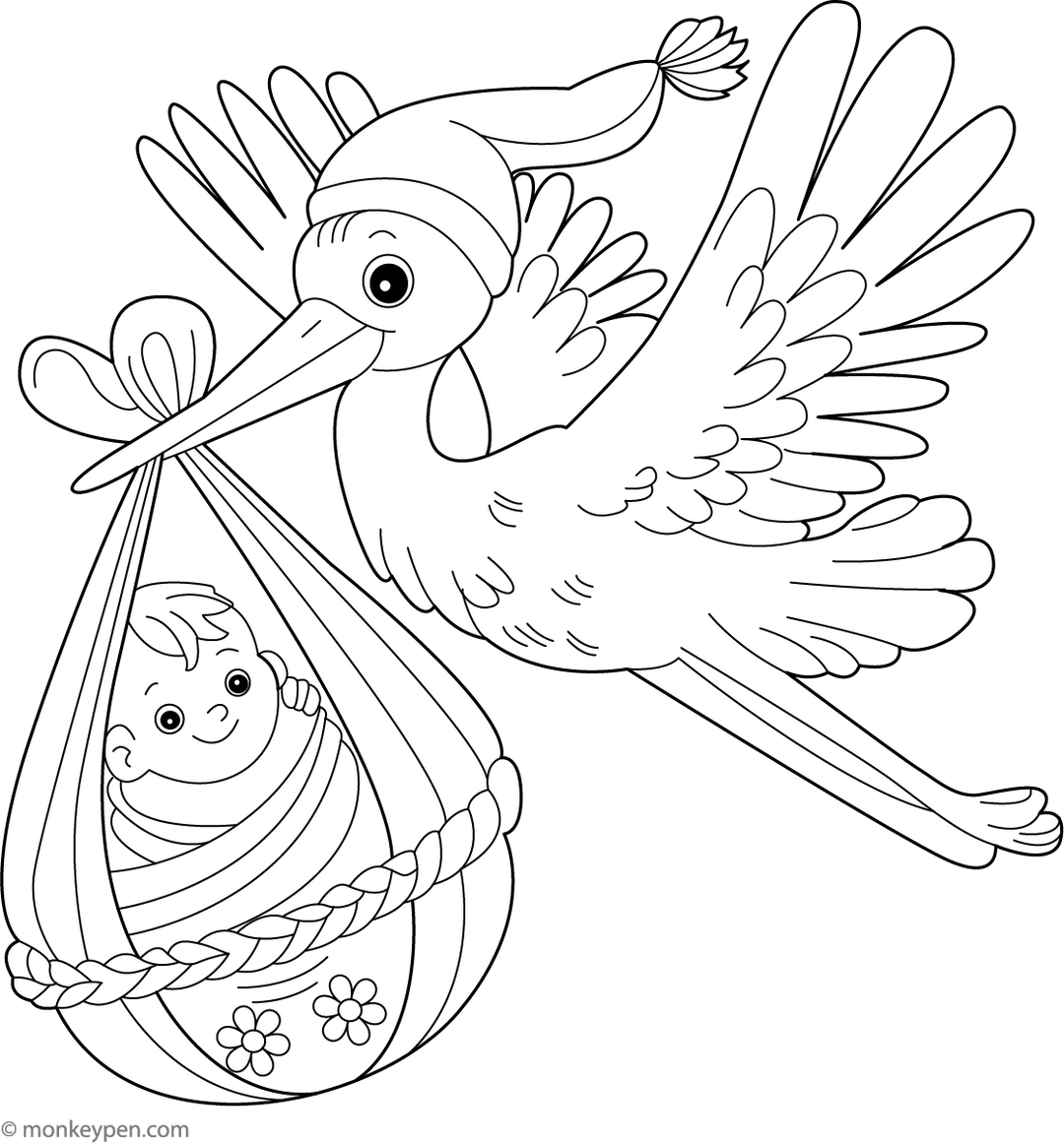 Stork Carrying Baby Coloring Page – Free Printable for Kids