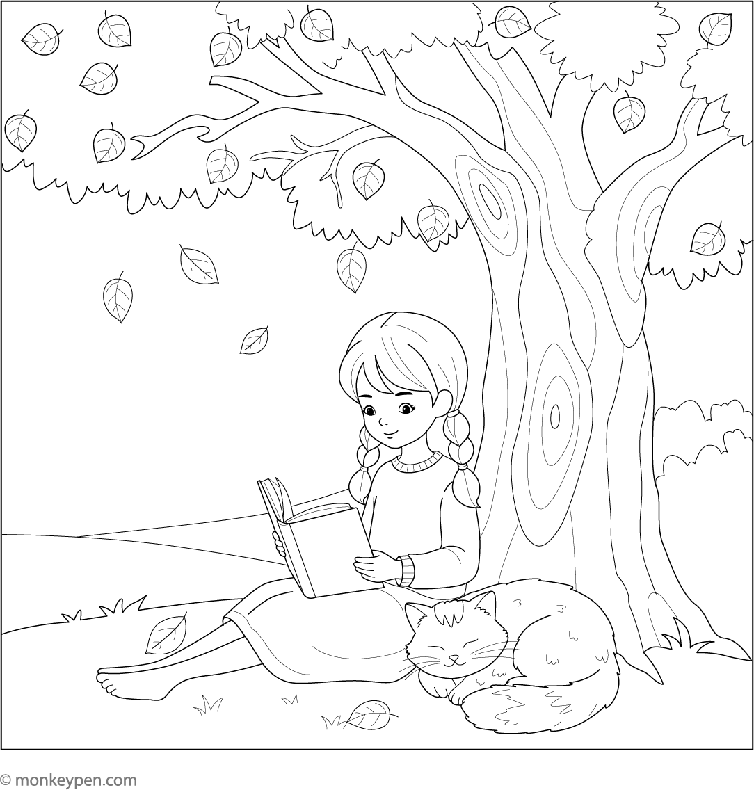 Girl Reading a Book Under a Tree - Printable Coloring Page PDF