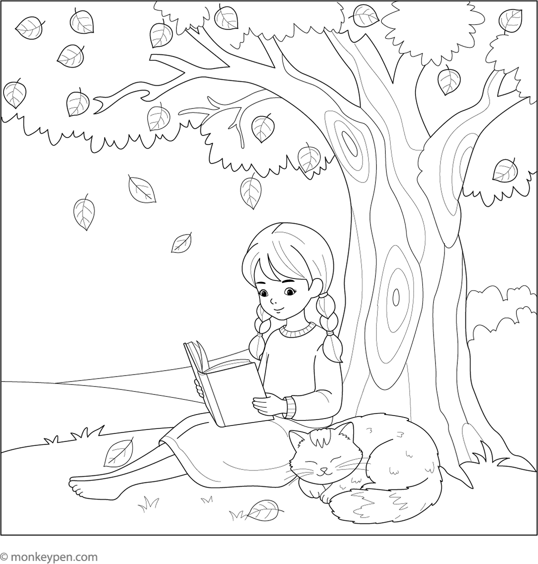 Girl Reading a Book Under a Tree | Free Coloring Page