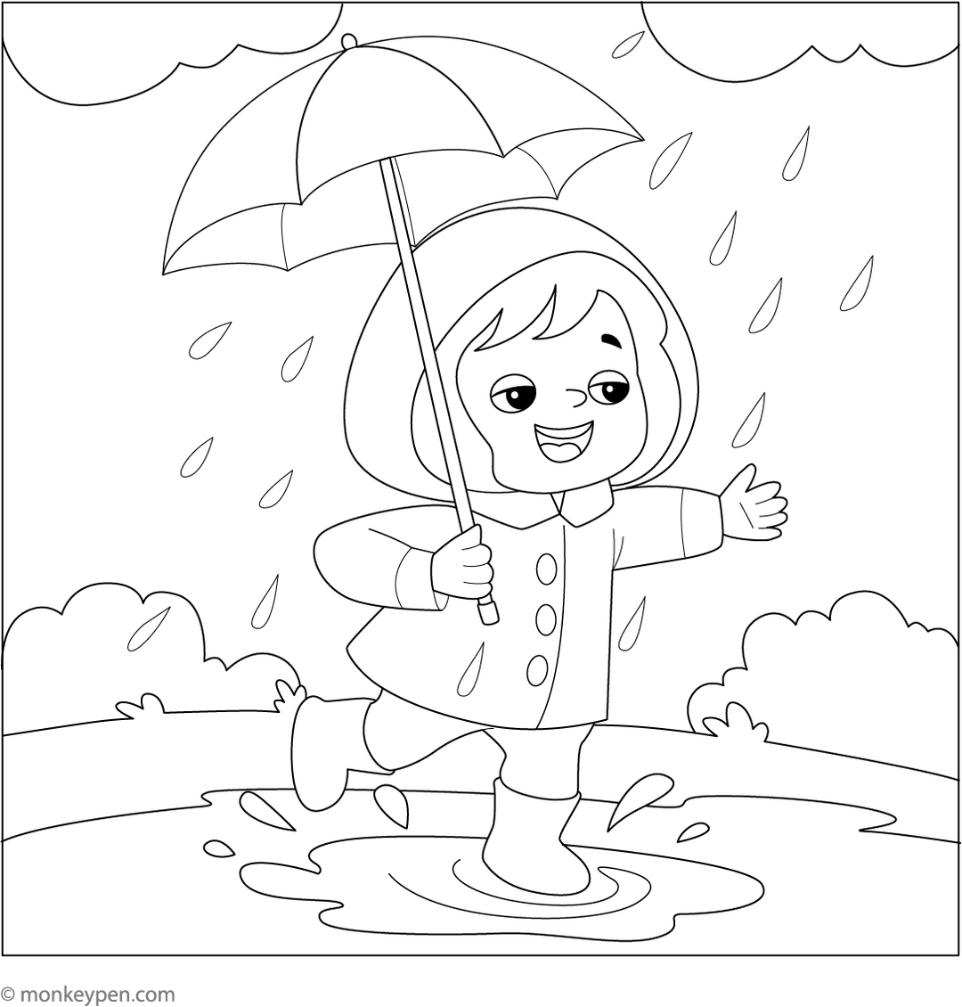 Girl in Raincoat Jumping in Puddles | Free Coloring Page Download