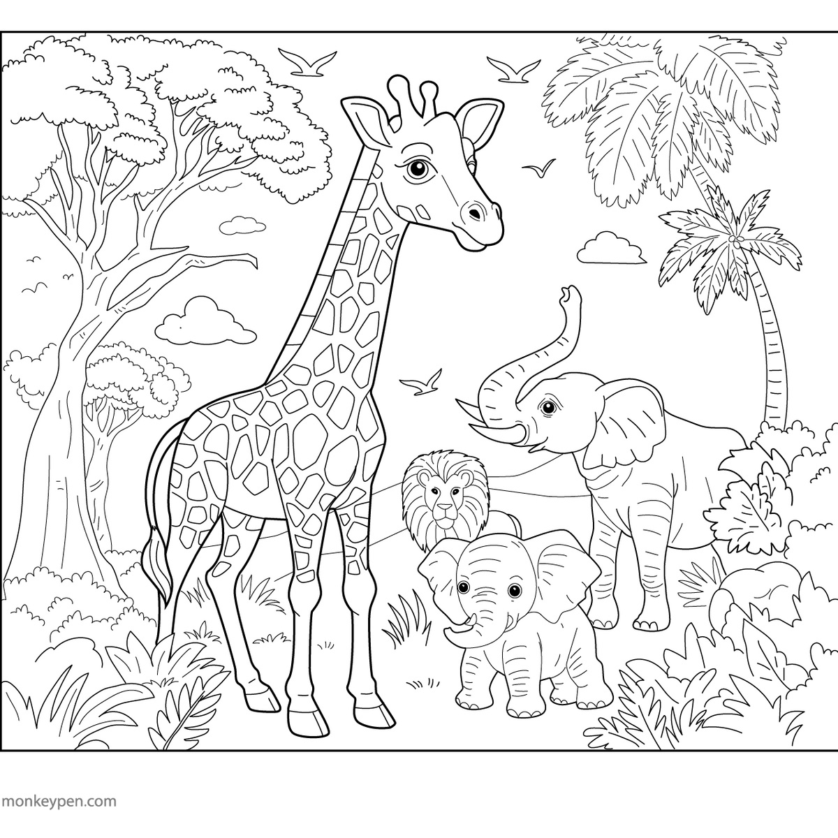 Giraffe with Jungle Animals | Free Kids Coloring Page