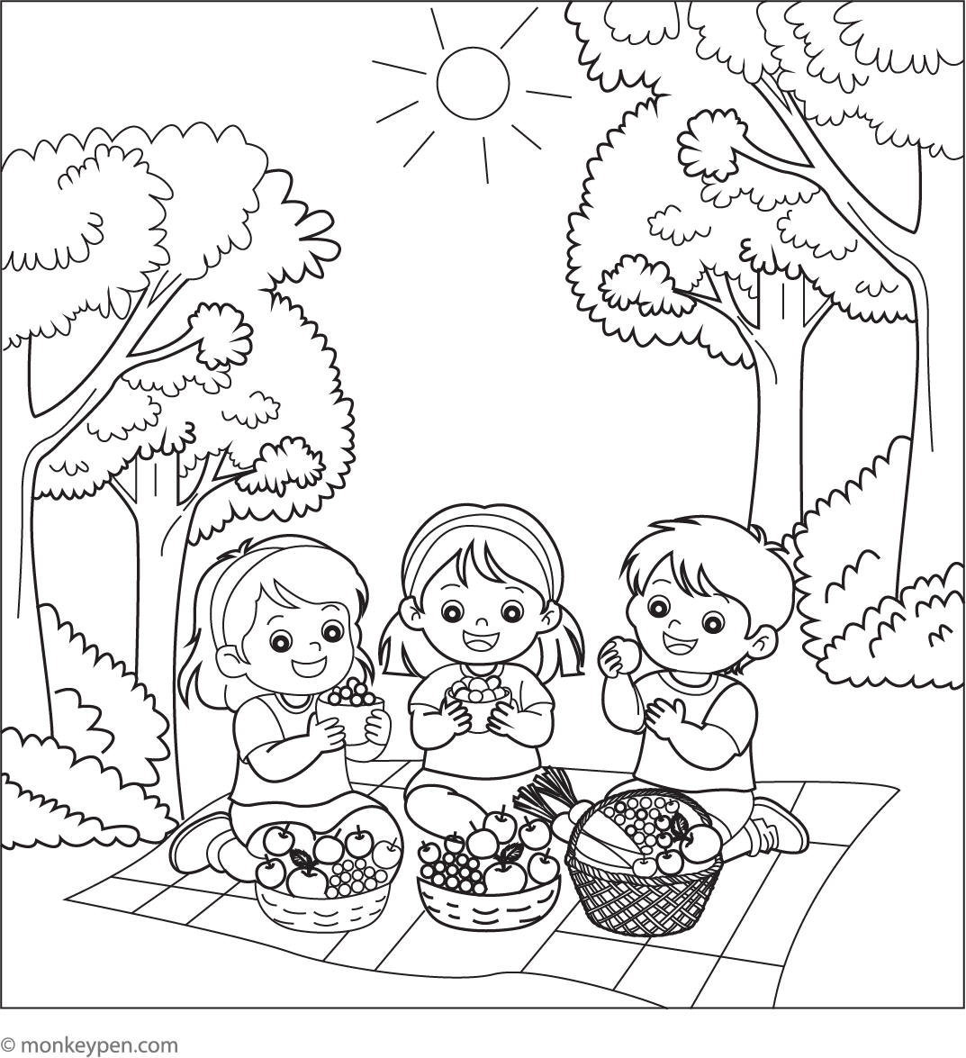 Kids Enjoying Summer Fruit | Free Coloring Page