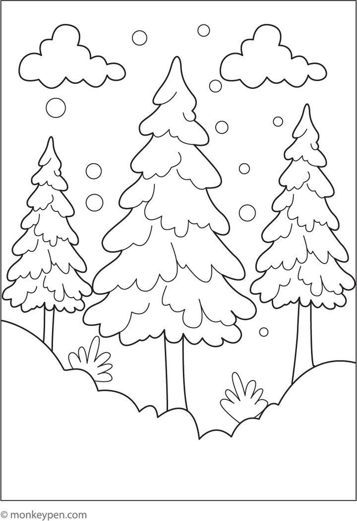 Snow Covered Pine Trees in a Forest | Free Coloring Page PDF