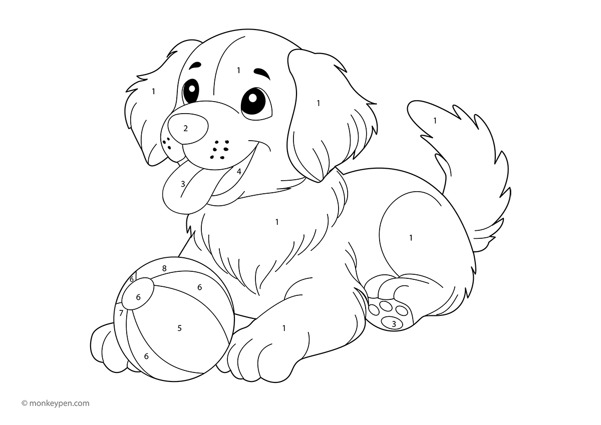 Dog with Ball Color by Number – Free Printable for Kids