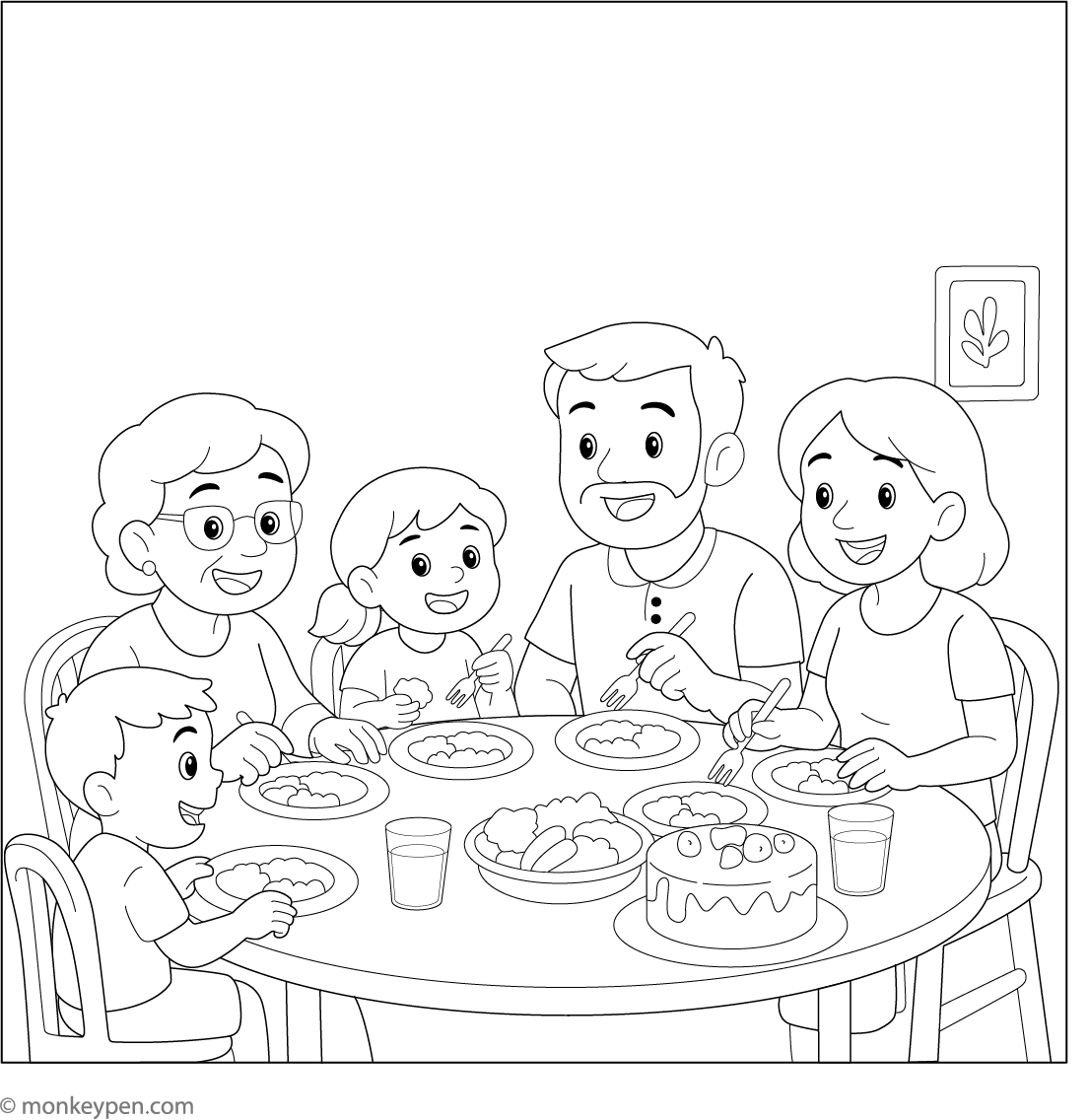 Family Sharing a Mealtime - Free Printable Coloring Page