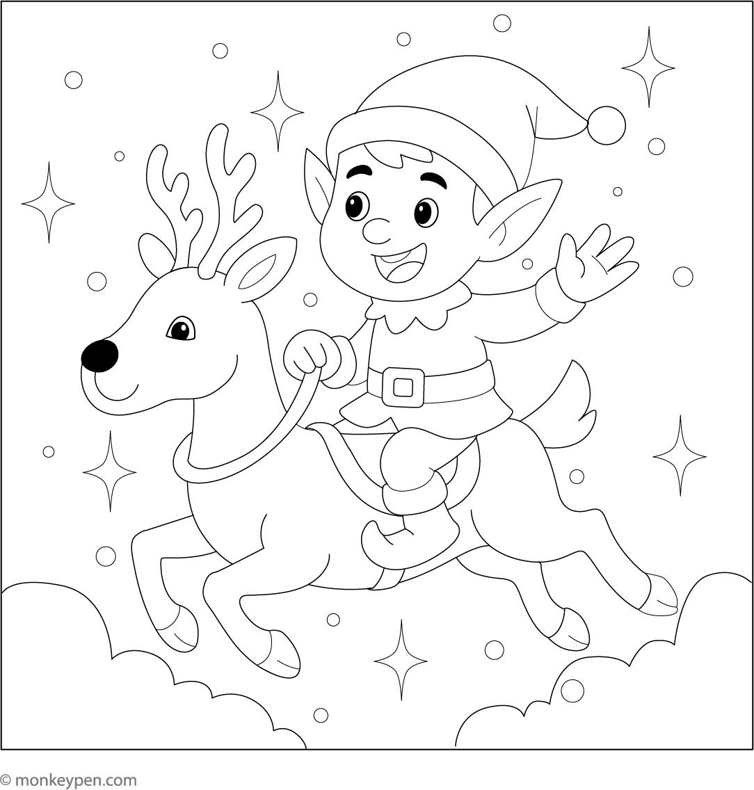 Elf Riding a Reindeer - Free Printable Coloring Page