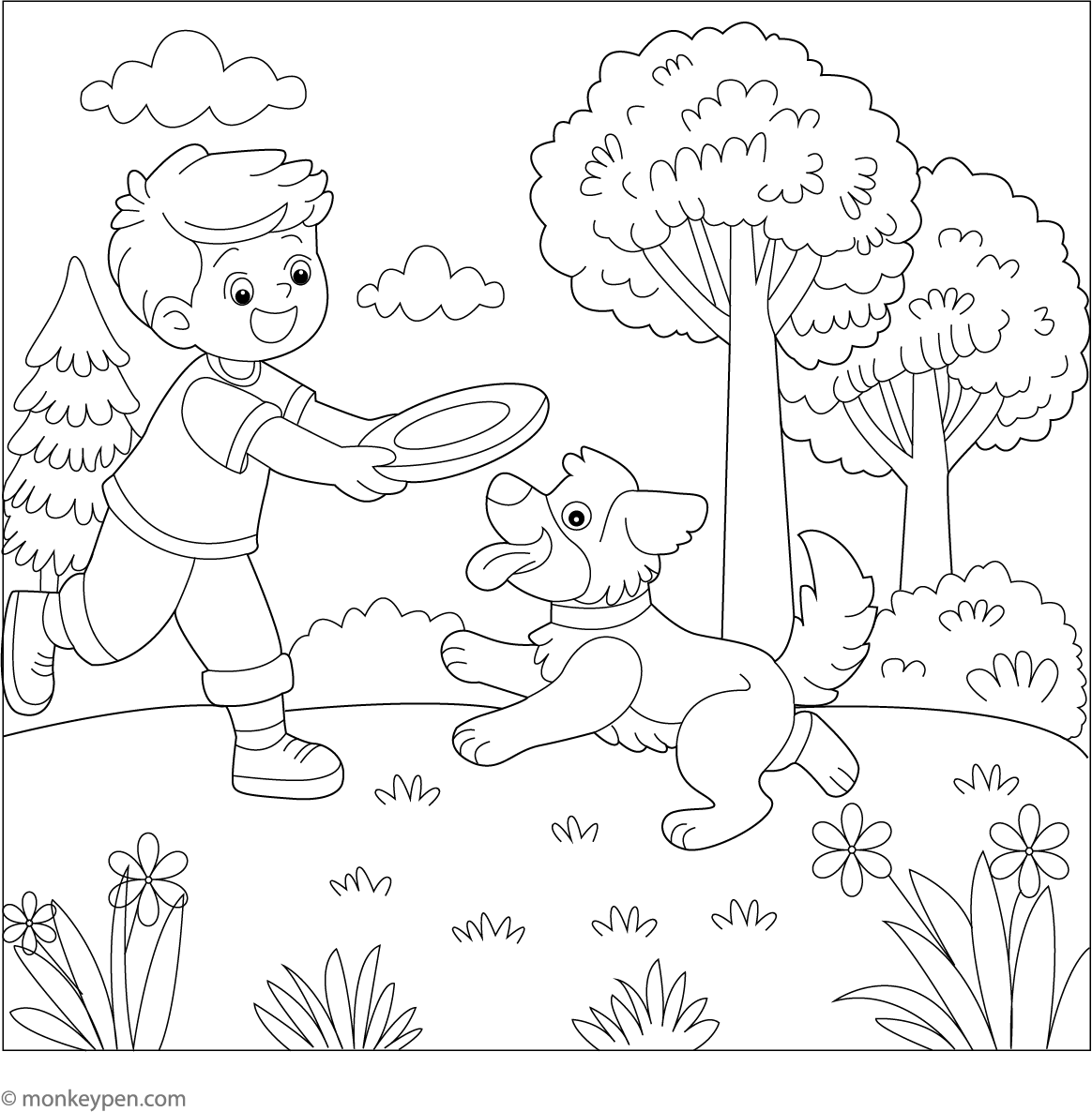 Boy Training Dog Coloring Page – Free Printable for Kids