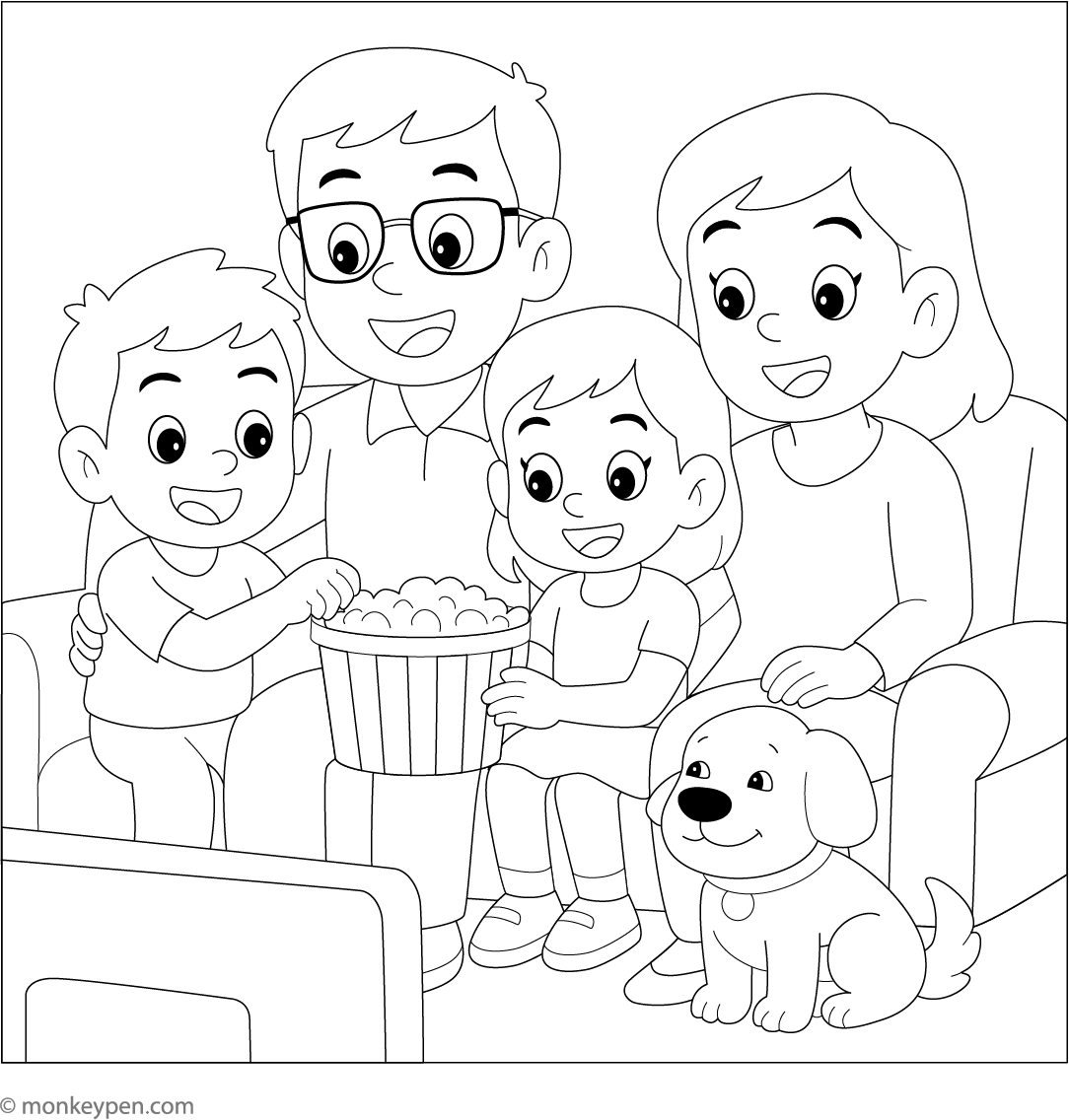 Family Watching a Movie - Free Coloring Page Printable