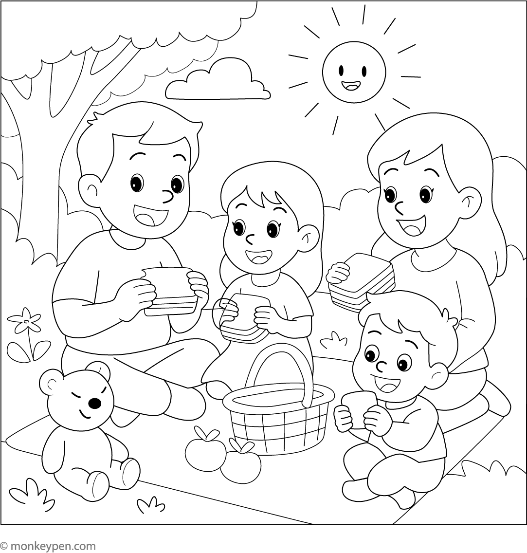 Family Picnicking in the Park Printable Coloring Page