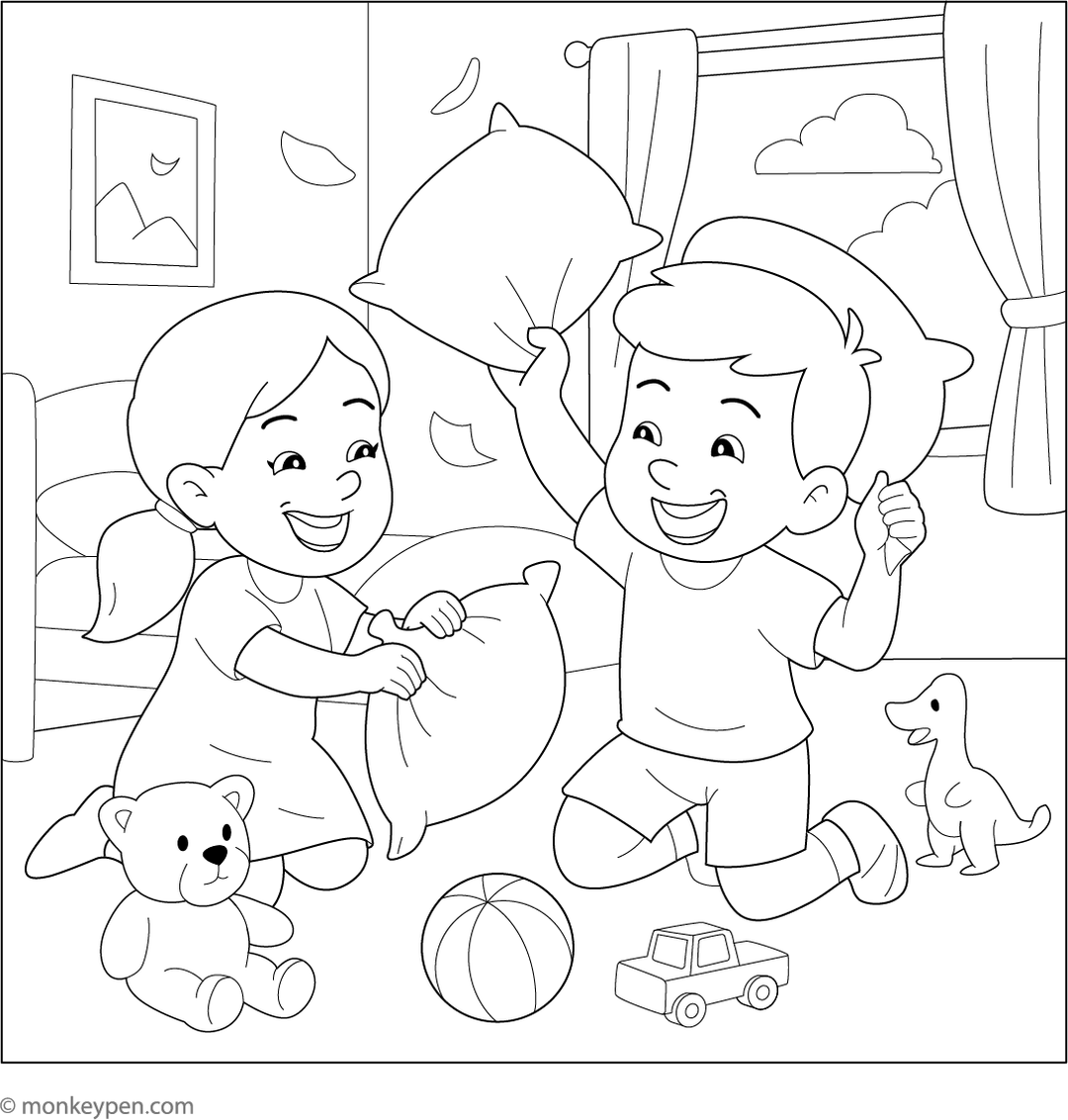 Sibling Pillow Fight or Playing with Toys