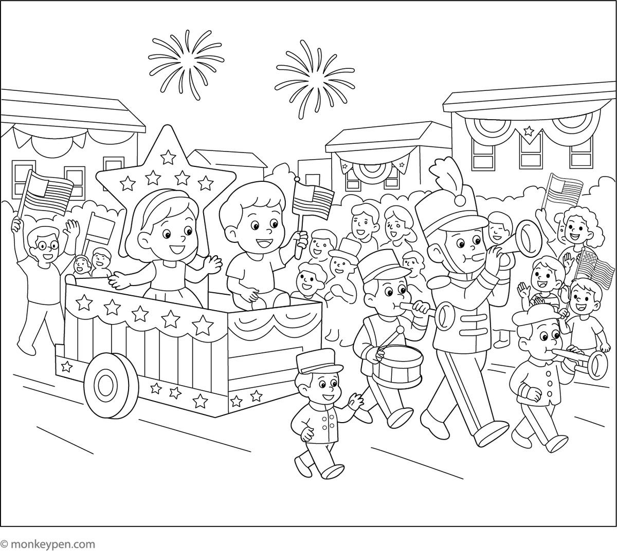 July 4th Parade with Floats | Free Coloring Page