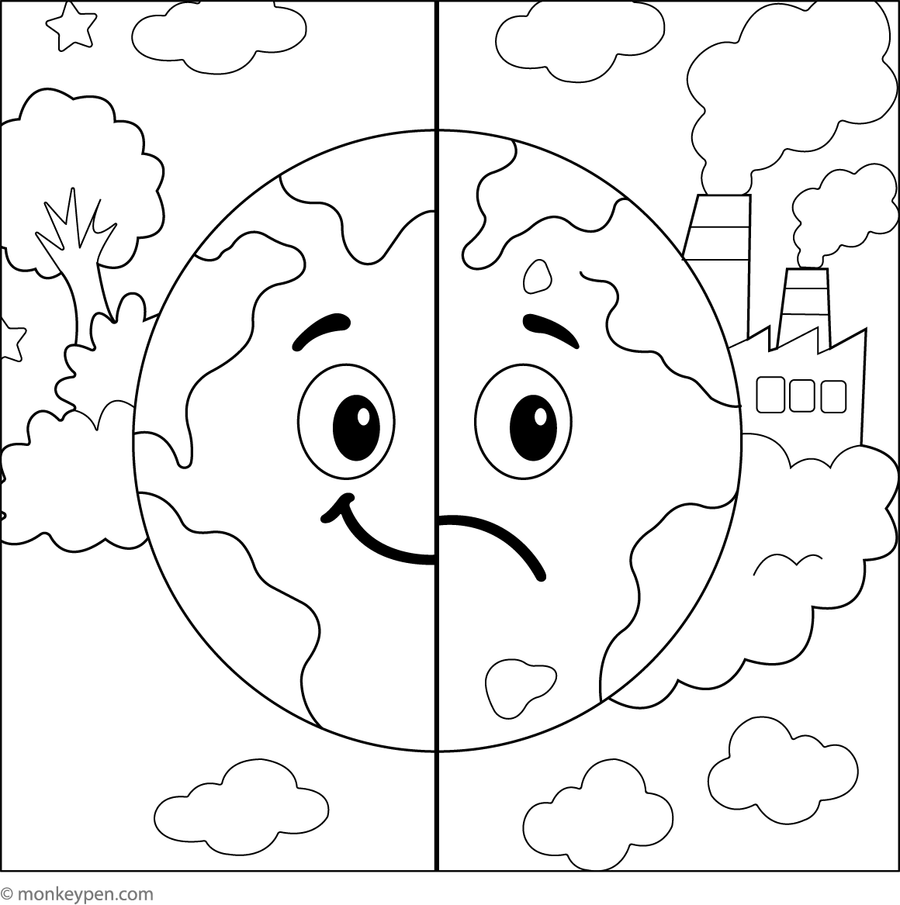 Clean vs. Polluted Earth - Free Printable Coloring Page
