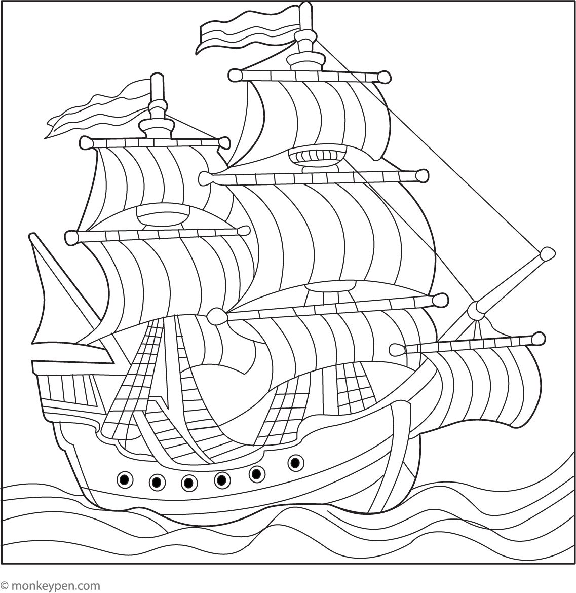 Galleon Boat Coloring Page – Historic Pirate Ship Printable for Kids