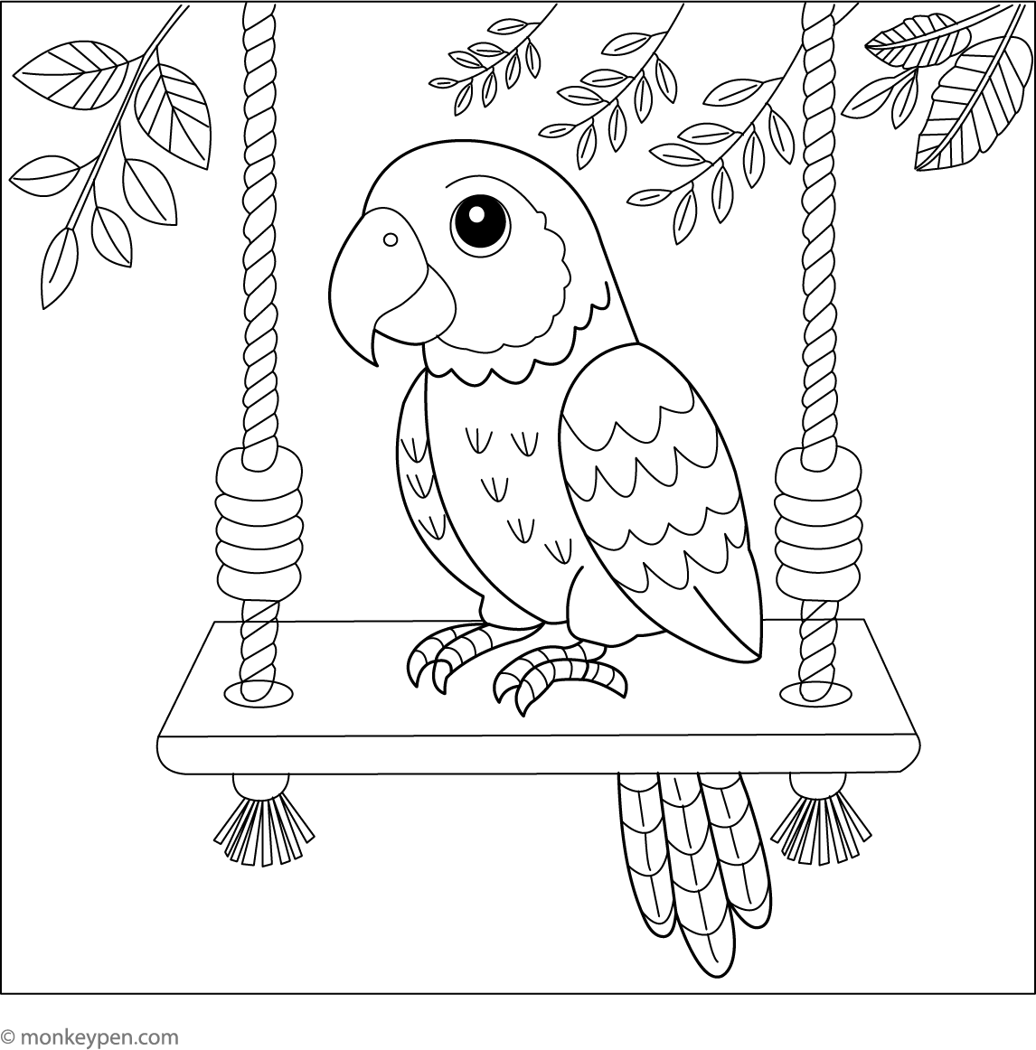 Parrot on a Vine Swing | Free Coloring Page