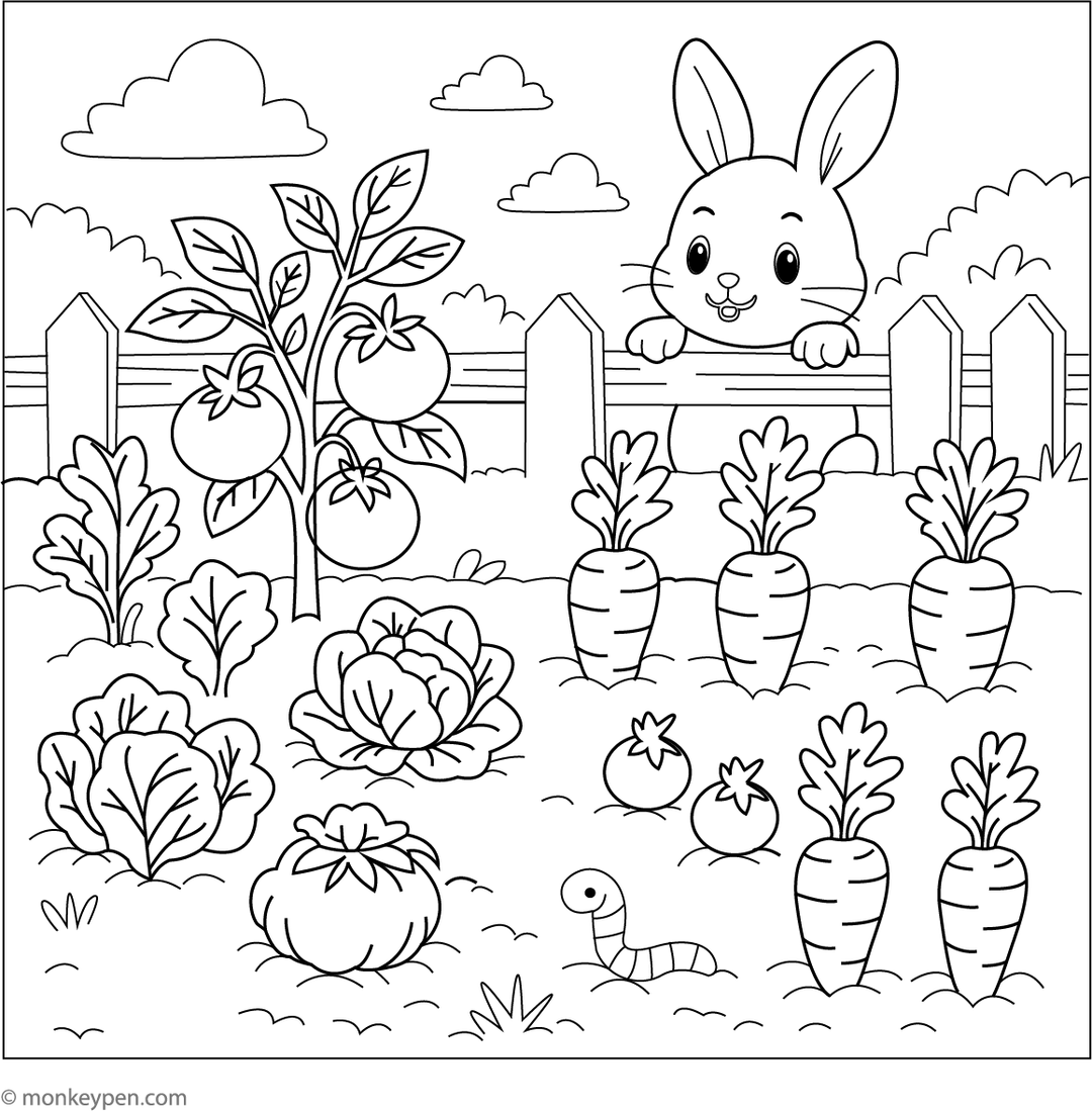 Vegetable Patch with a Bunny Watching Free Coloring Page PDF