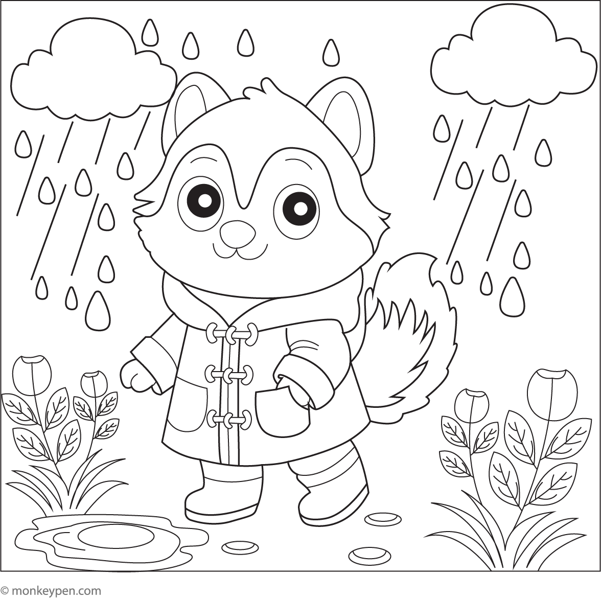 Husky in a Rainstorm | Free Coloring Page