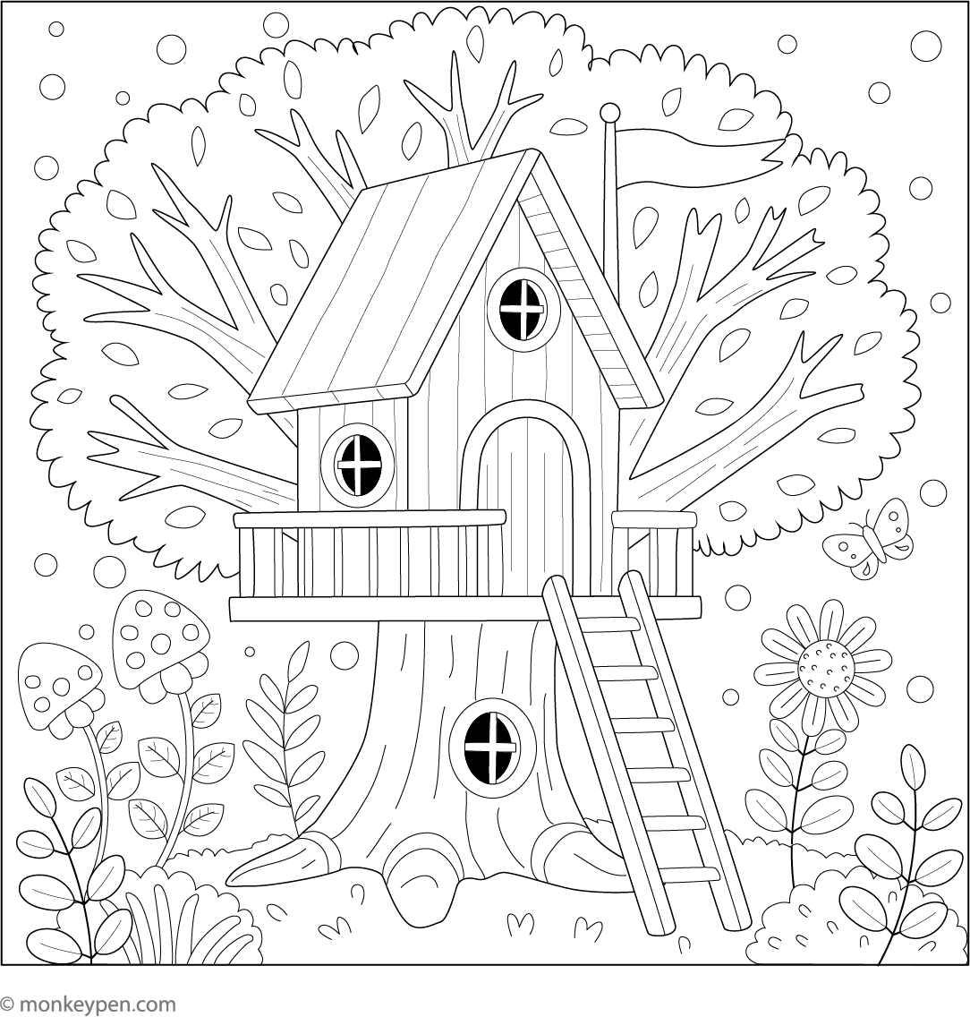 Magical Tree House in Garden | Enchanted Coloring Page for Kids
