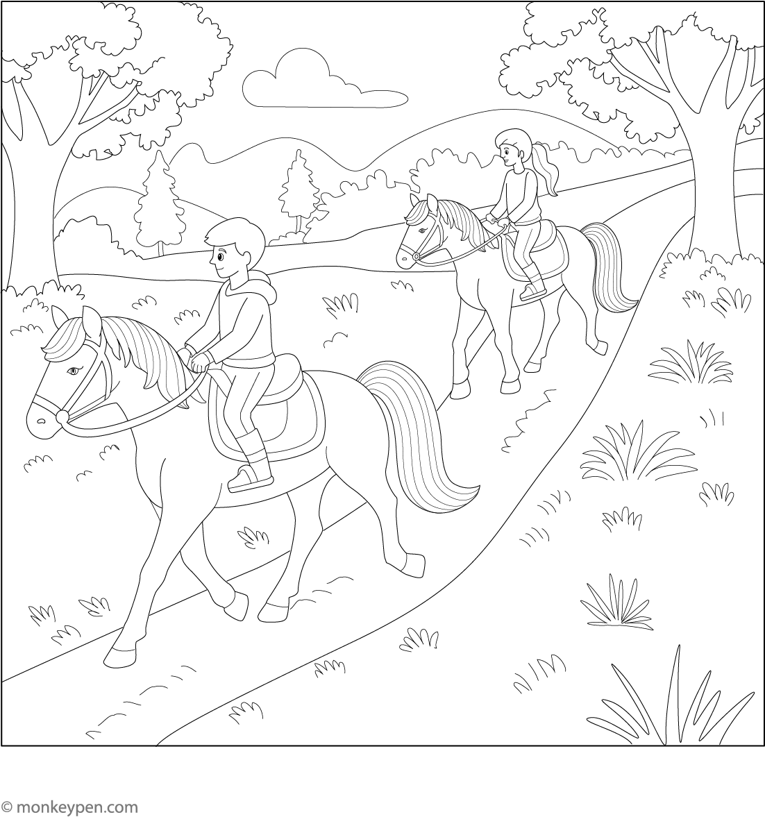 Printable Horse Riding Coloring Sheet – Free PDF for Kids