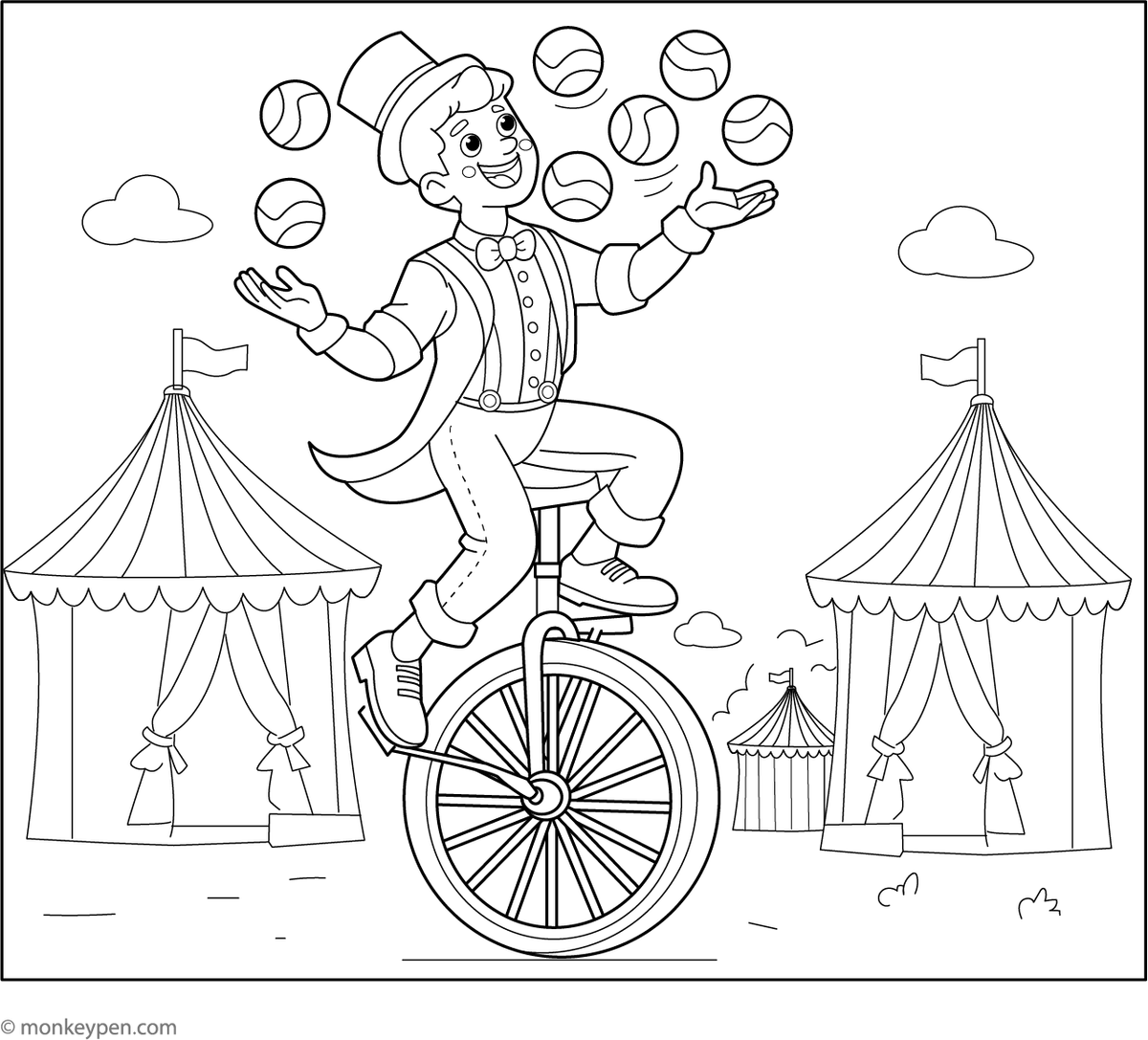 Unicycle Juggler at a Carnival | Free Coloring Page