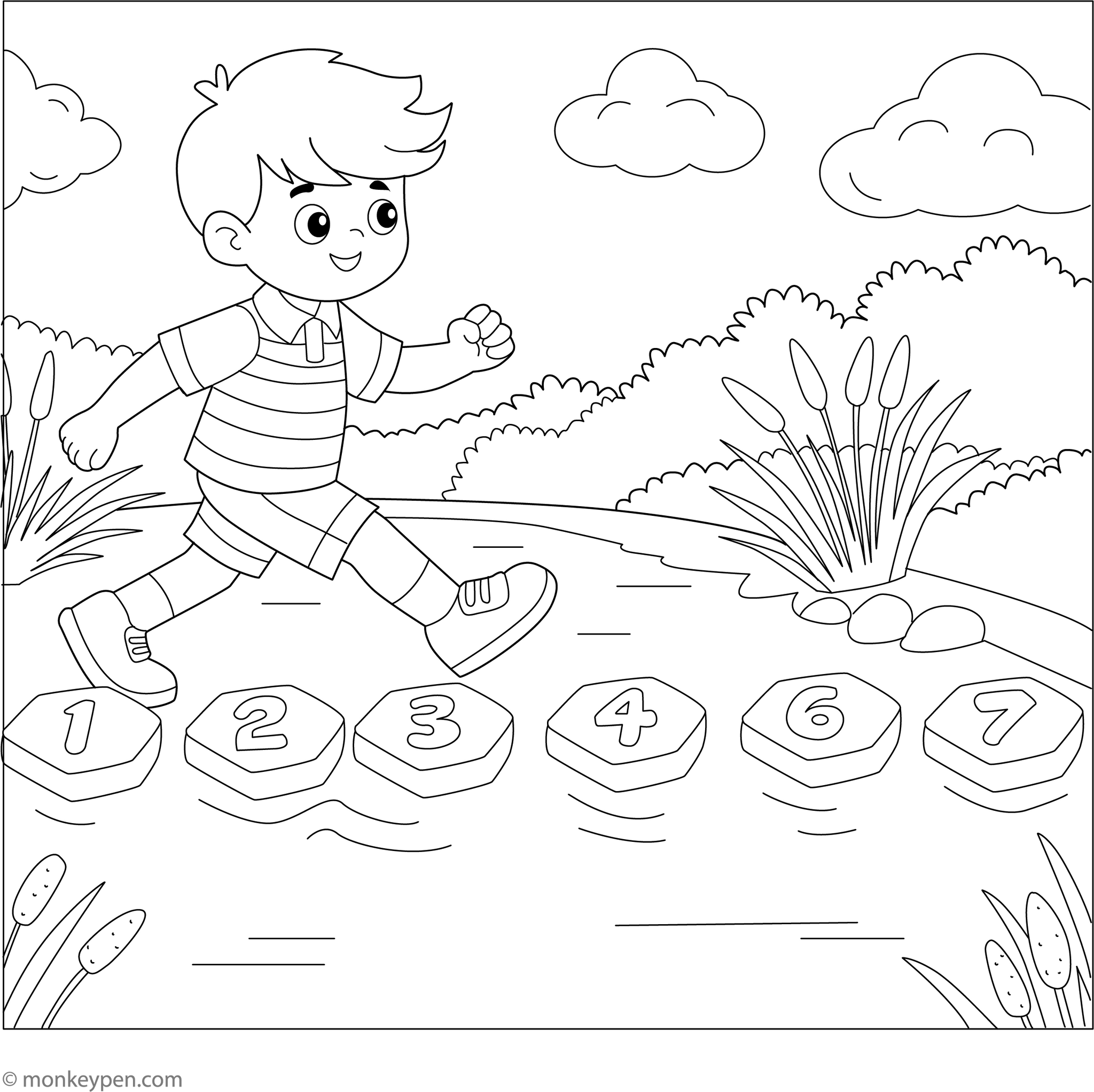 Boy On Stepping Stones Coloring Page