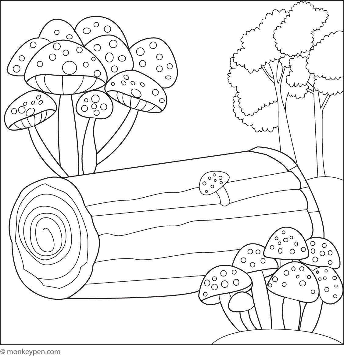 Mushrooms Growing on the Wooden Log | Free Coloring Page PDF